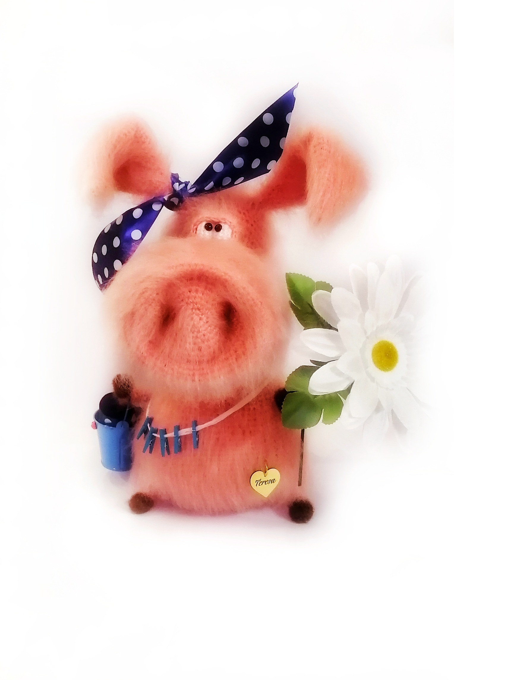 Stuffed pink pig as a gift to a farmer. Cute farm pig.