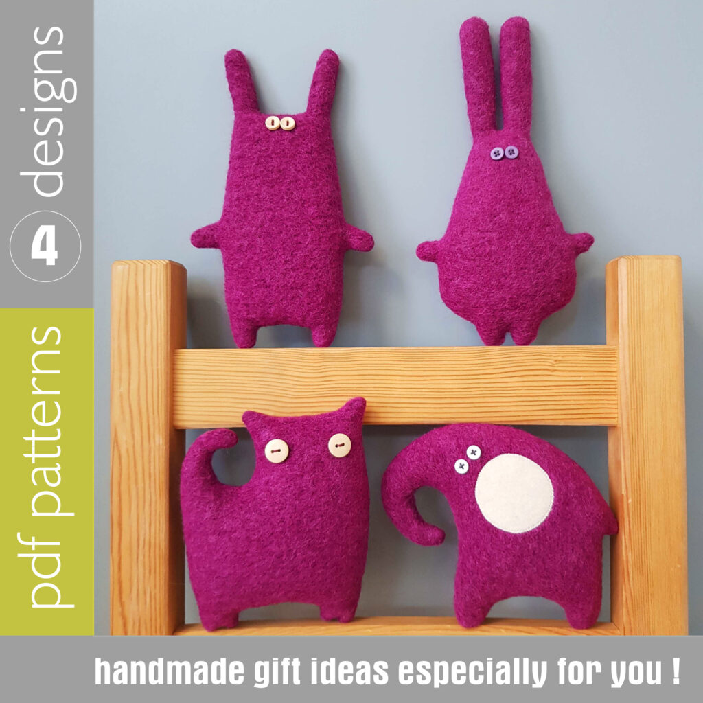 stuffed animals patterns PDF, set of 4 sewing tutorials - DailyDoll Shop