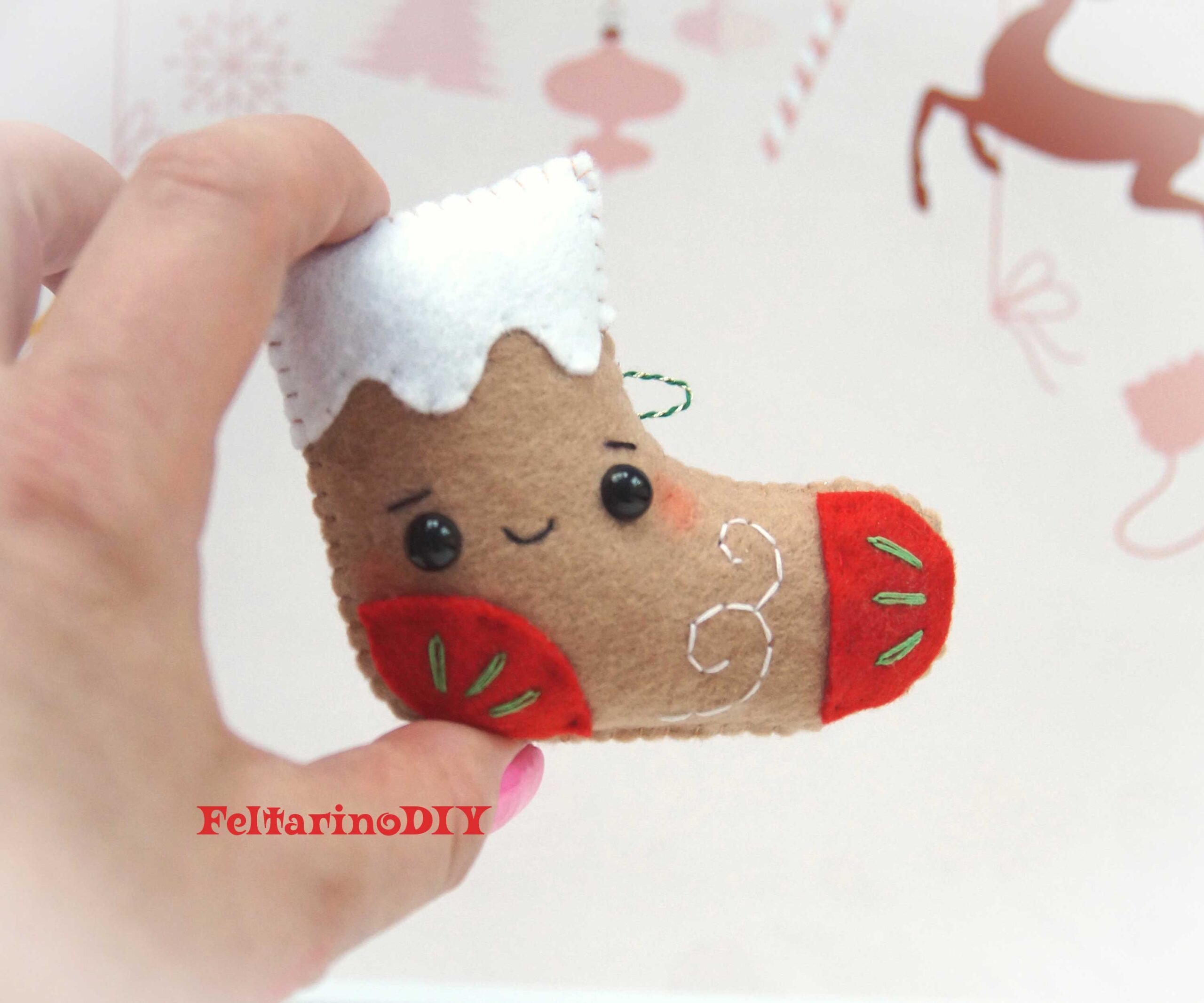 Christmas felt sock pattern, Gingerbread gift ornament