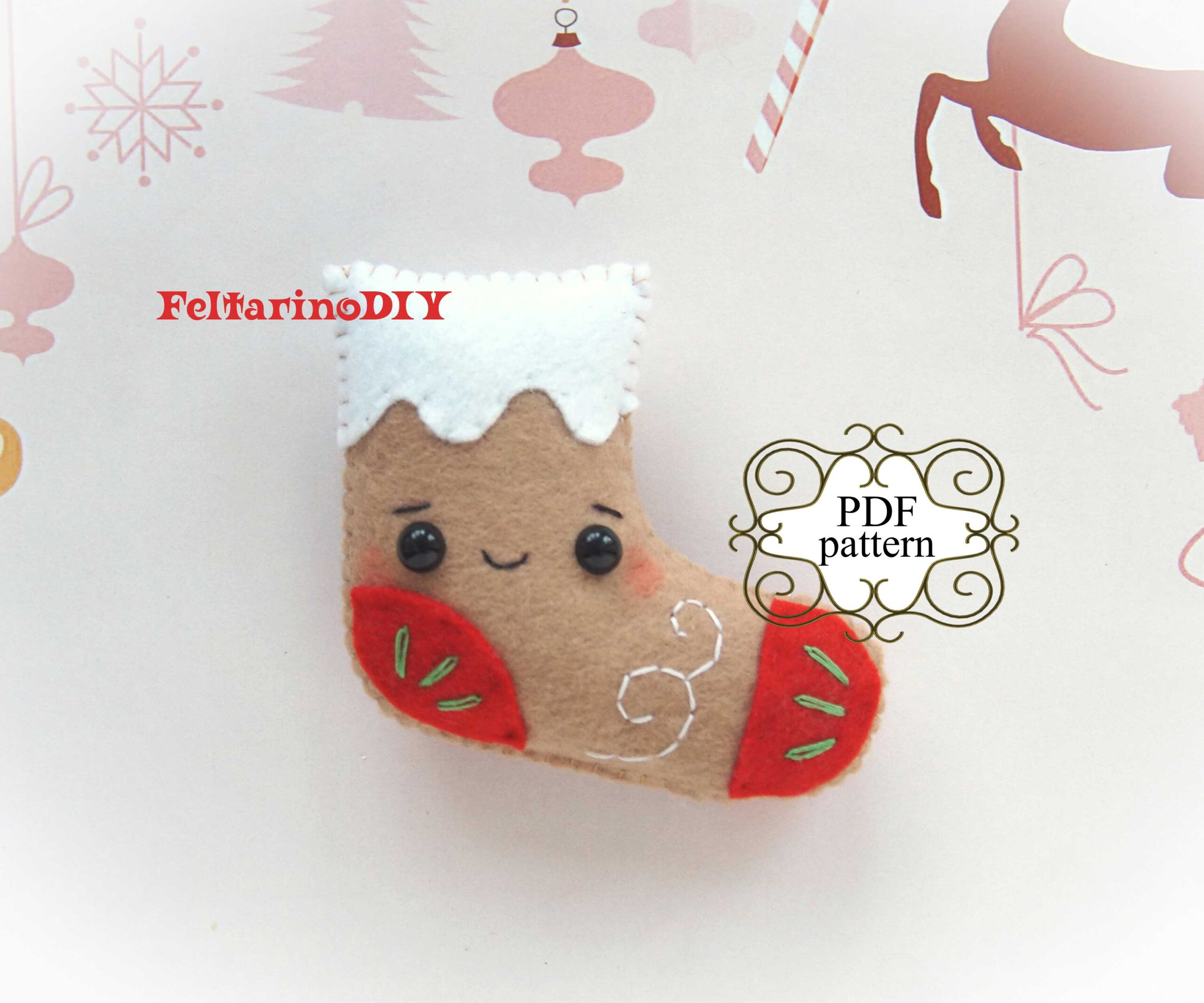 Christmas felt sock pattern, Gingerbread gift ornament